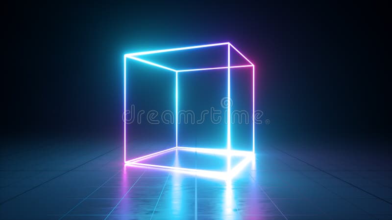 3d Render, Abstract Geometric Ultraviolet Background, Blue Neon Cube ...