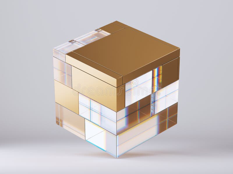 3d Render, Abstract Gold Cube Split into Glass and Gold Fragments ...