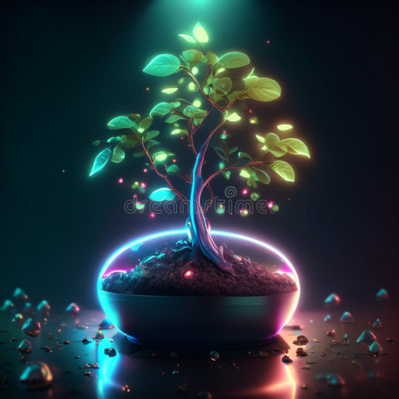 3d Render, Abstract Green Plant Growing in a Pot with Light AI ...