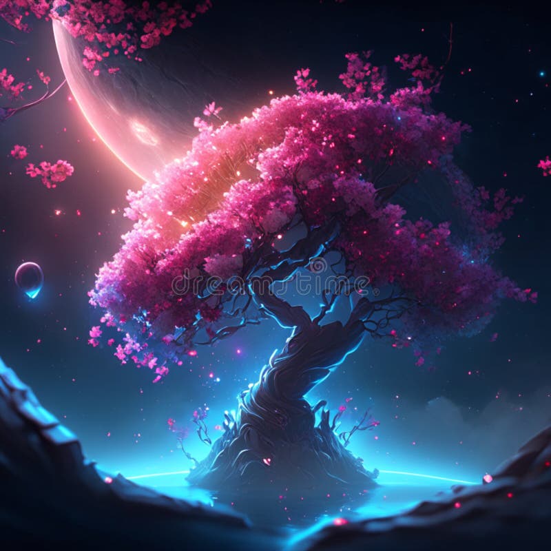 3d Render, Abstract Illustration of a Tree in the Moonlight Generative ...