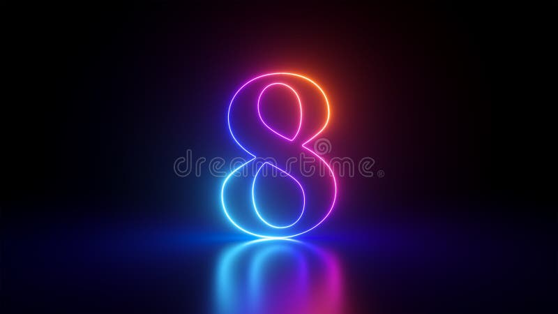 3d Render, Abstract Linear Neon Number Eight, Glowing Digit Isolated on ...