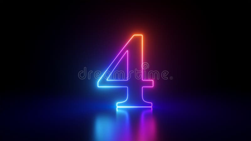 3d Render, Abstract Linear Neon Number Four, Glowing Digit Isolated on ...