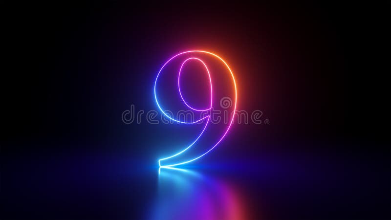 3d Render, Abstract Linear Neon Number Nine, Glowing Digit Isolated on ...