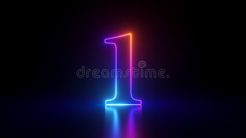 3d Render, Abstract Linear Neon Number One, Glowing Digit Isolated on ...