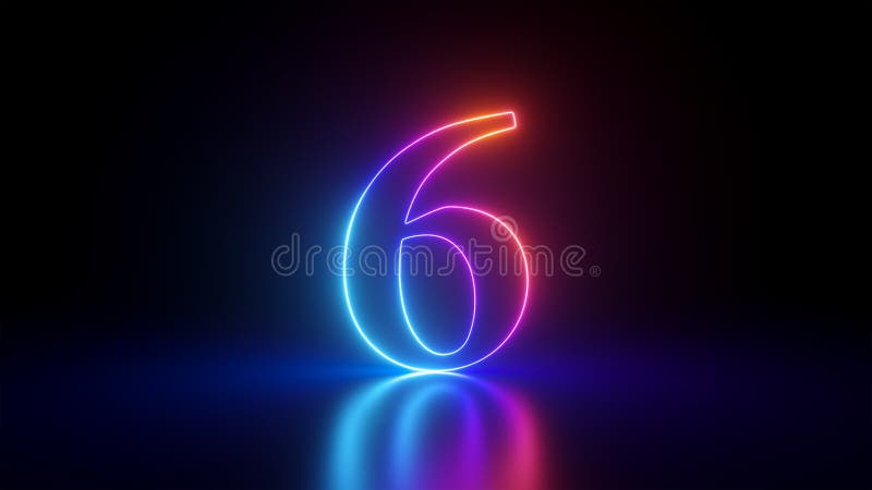 3d Render, Abstract Linear Neon Number Six, Glowing Digit Isolated on ...