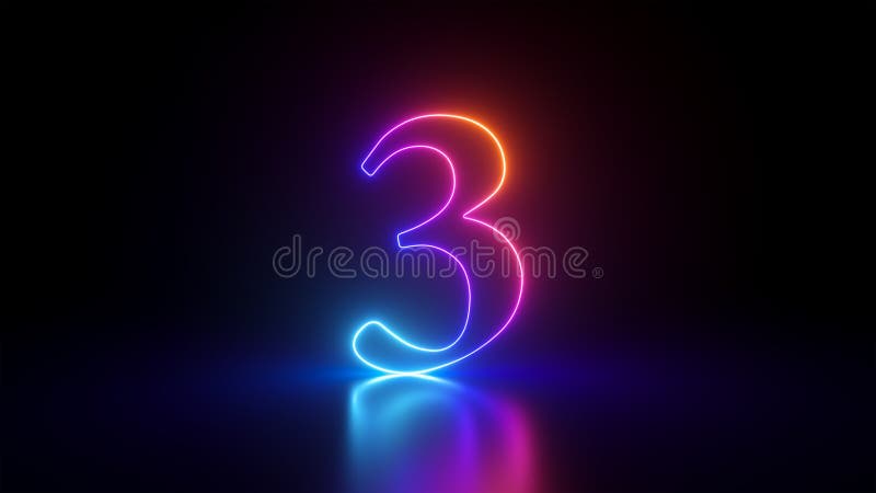 3d Render, Abstract Linear Neon Number Three, Glowing Digit Isolated on ...