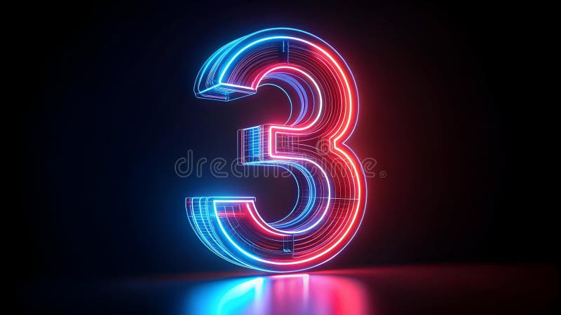3d Render, Abstract Linear Neon Number Three, Glowing Digit Isolated on ...