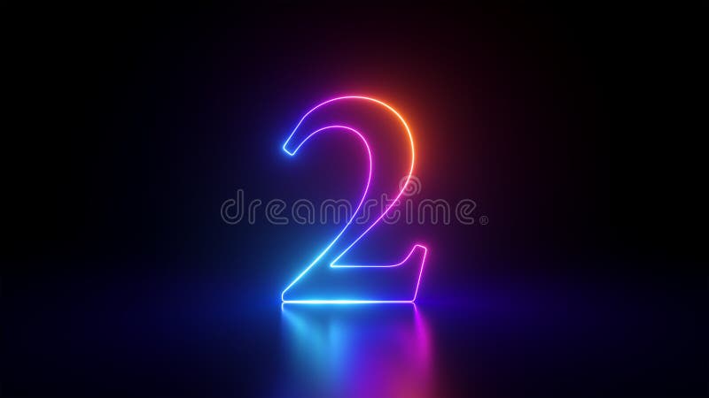 3d Render, Abstract Linear Neon Number Two, Glowing Digit Isolated on ...