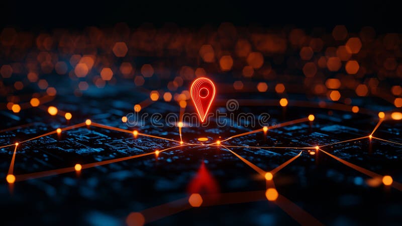 3D Render of Abstract Location Map Featuring Glowing Red Pin ...