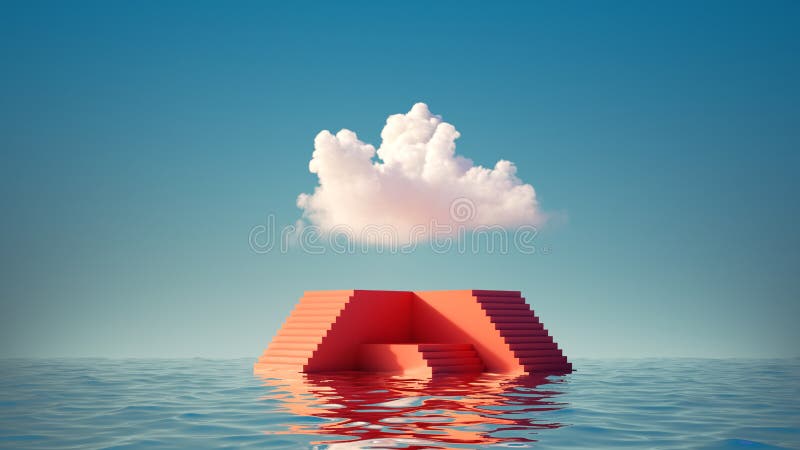 3d Render, Abstract Minimal Background with Red Steps Empty Pedestal ...