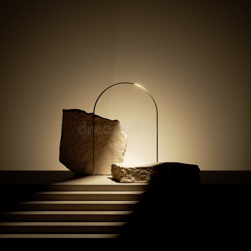 3d Render, Abstract Minimalist Background of Golden Arch, Rocks ...