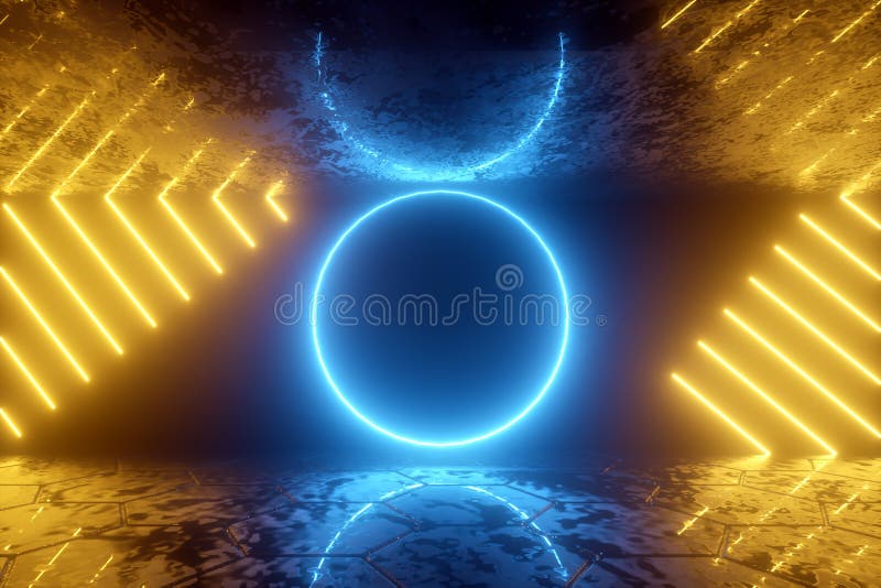 3D Render, Abstract Neon Background, Blue Ring and Yellow Reflection ...