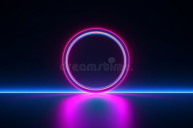 3d Render, Abstract Neon Background with Fluorescent Ring, Blank Round ...