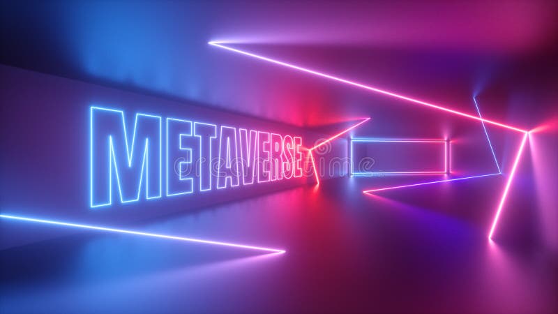 3d Render, Abstract Neon Background. Geometric Lines and Metaverse Sign ...