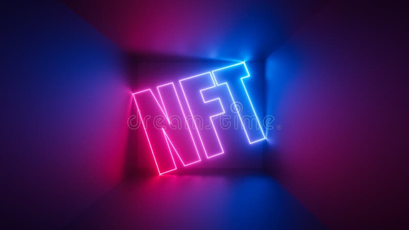 3d Render, Abstract Neon Background with NFT Letters Inside the Square ...
