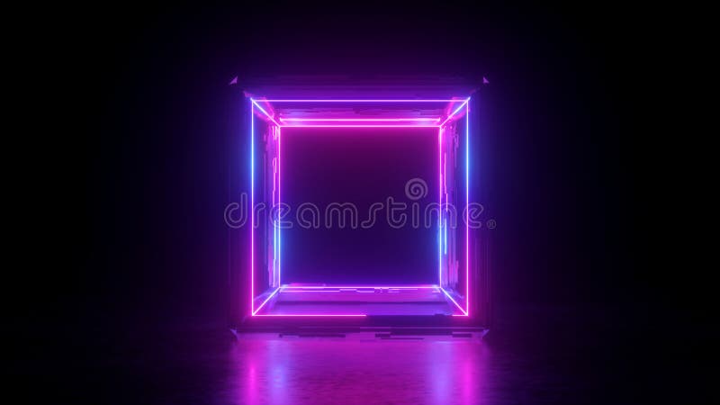 3d Render, Abstract Neon Background, Square Shape Box, Blank Frame ...