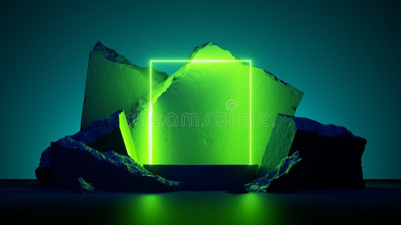 3d Render, Abstract Neon Green Background with Glowing Square Frame and ...
