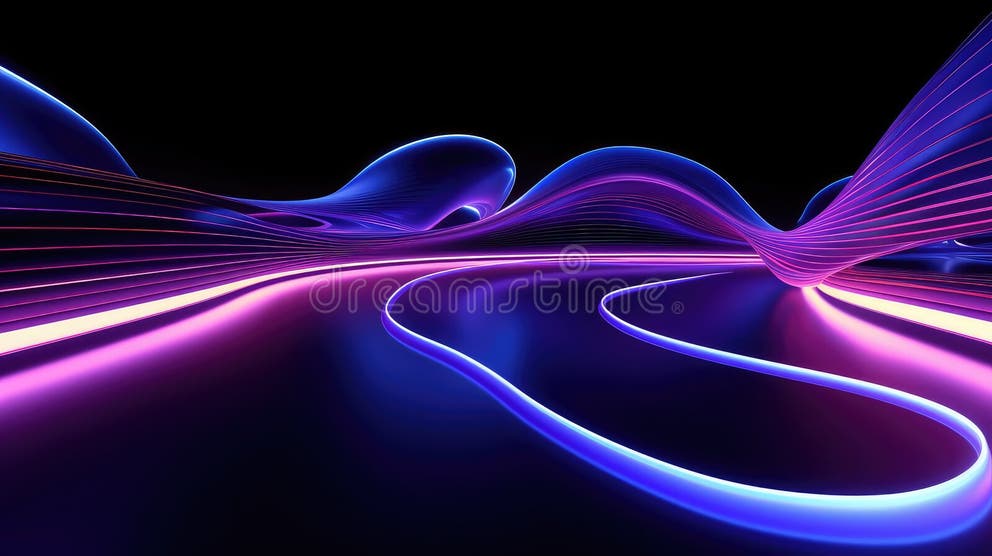 3D Render of Abstract Panoramic Background with Curvy Dynamic Neon ...