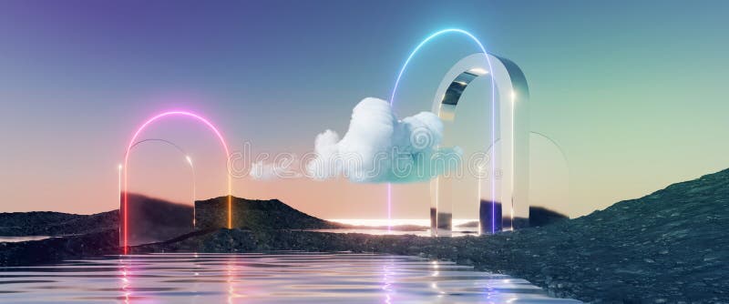 3d Render, Abstract Panoramic Background. Fantastic Landscape with ...