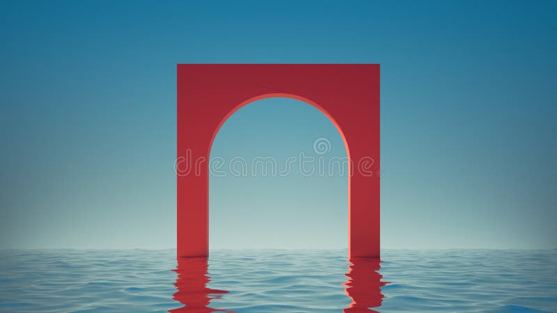 3d Render. Abstract Panoramic Background with Red Arch in the Water ...