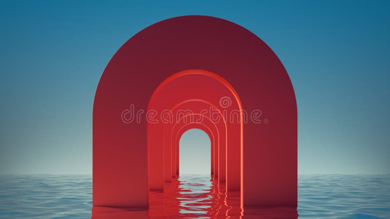3d Render. Abstract Panoramic Background with Red Arches in the Water ...