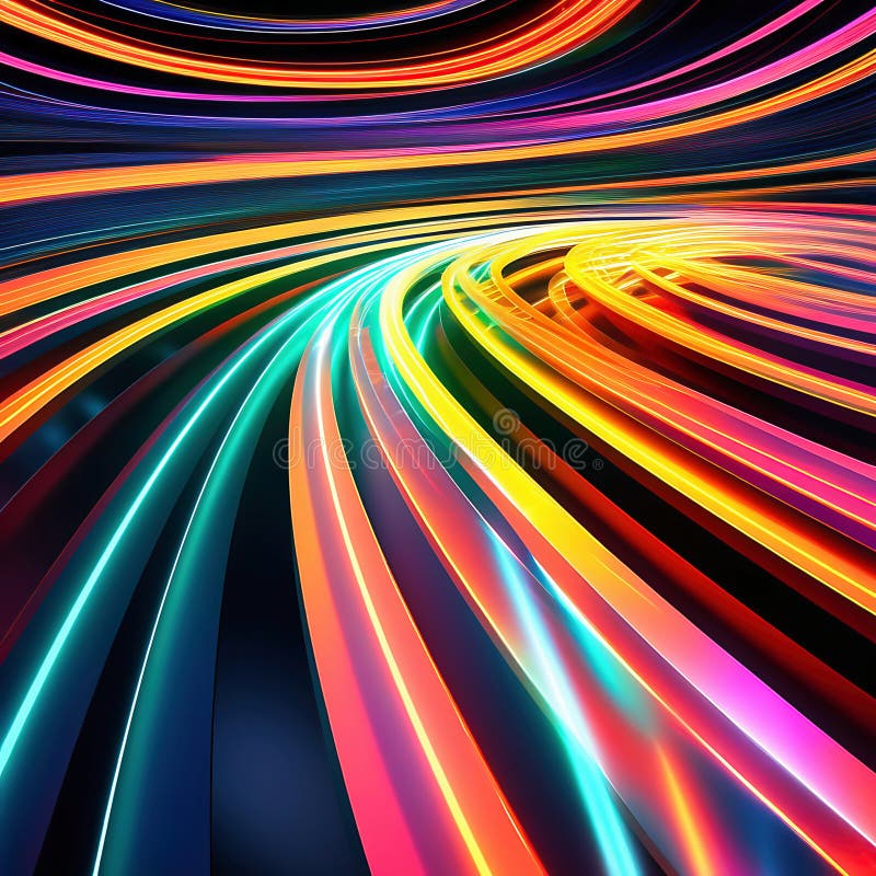 3d Render. Abstract Panoramic Background of Twisted Dynamic Neon Lines ...