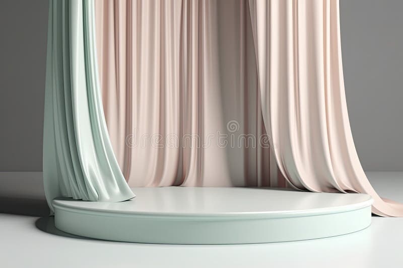 3d Render Abstract Platform Podium on Water and Waving Curtains ...