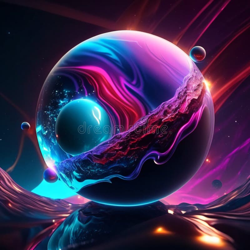 3d Render, Abstract Space Background with Planet and Neon Lights ...