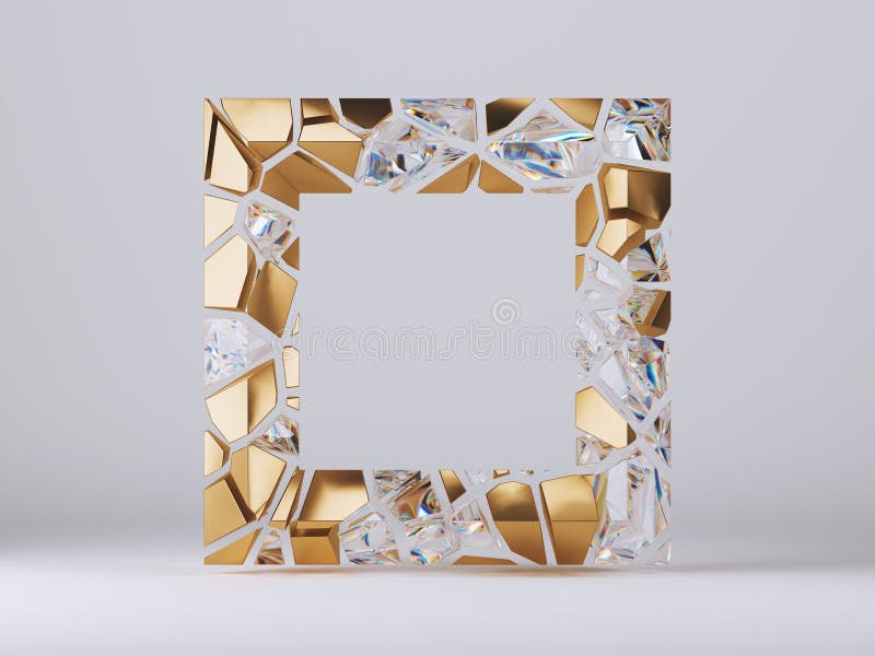 3d Render, Abstract Square Frame, Split into Crystal and Gold Mosaic ...