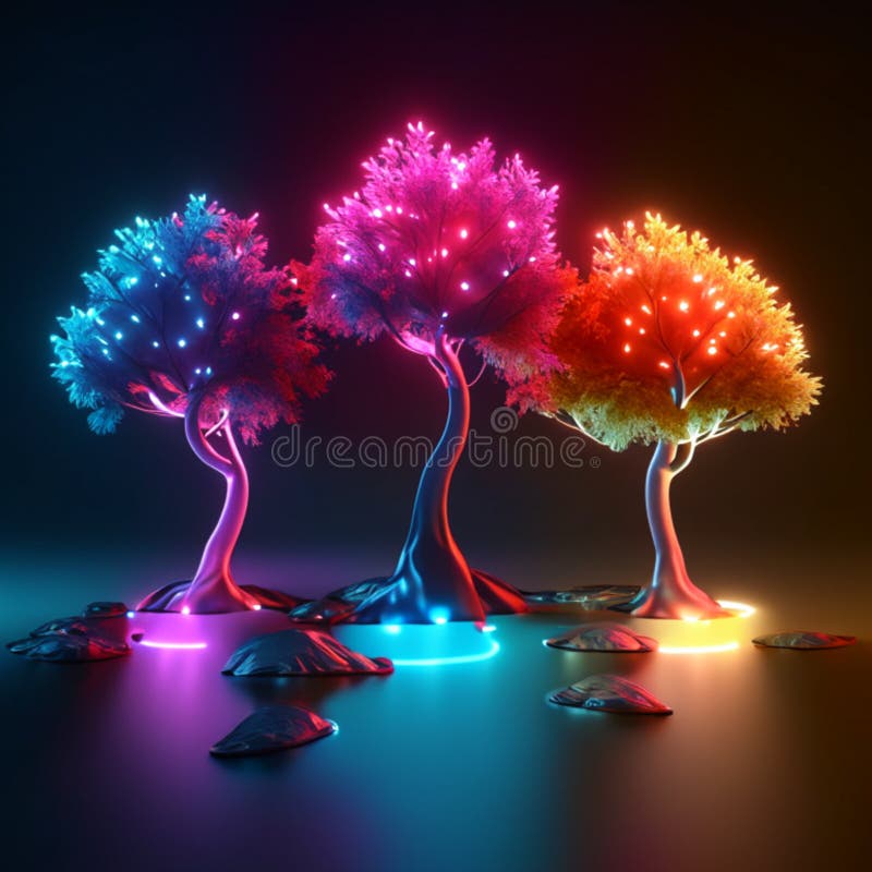 3d Render, Abstract Tree with Neon Light, Concept of Environmental ...