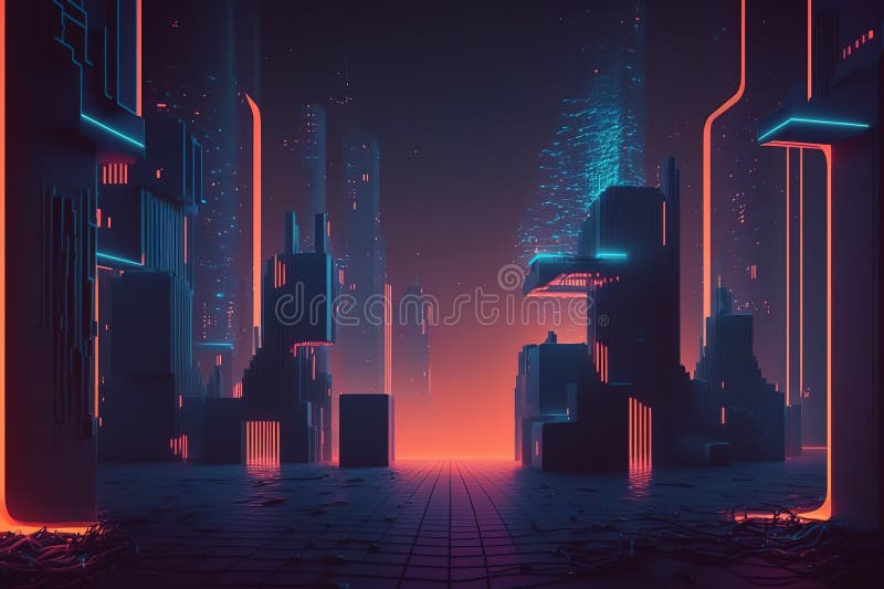 3d Render, Abstract Urban Background with Glowing Neon Light, Virtual ...