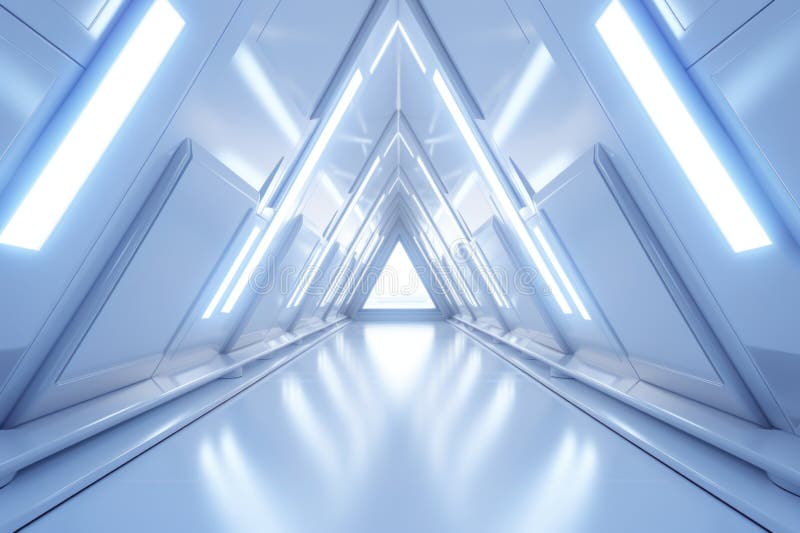 3d Render Abstract White Triangle Spaceship Corridor. Futuristic Tunnel ...