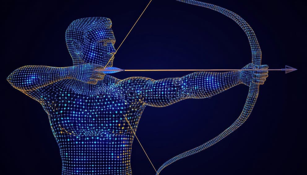 3D Render. Abstract Wireframe Archer Precision, Power, and Focus in ...