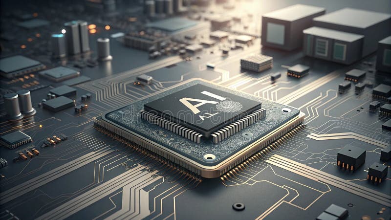 3D Render of AI CPU Chipset on Circuit Board Stock Illustration ...