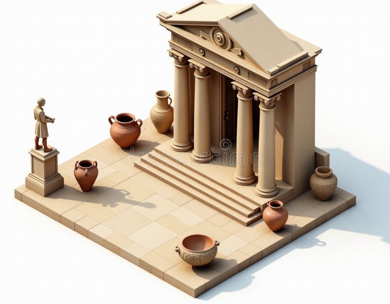 3D Render of Ancient Greek Temple with Statues and Pottery Stock ...