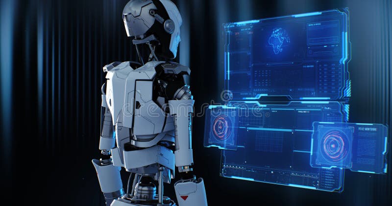 Robot Entering Code into Futuristic Computer Stock Illustration ...