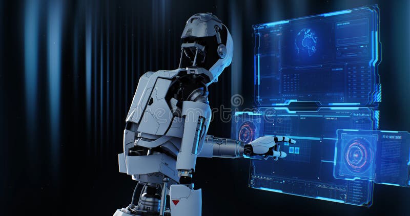 Robot Entering Code into Futuristic Computer Stock Illustration ...