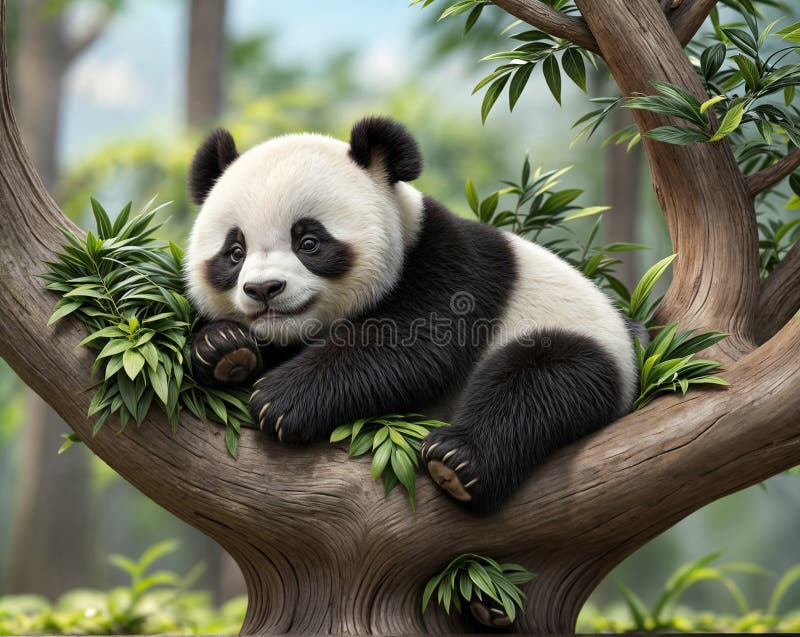 Character Cartoon Panda Resting on the Branch of Tree Stock ...