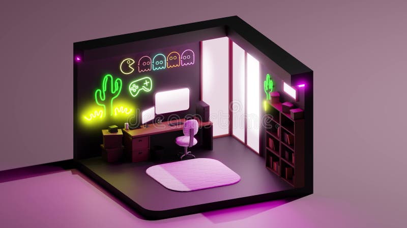 3D Render Animation of Modern Home Office with Neon Illumination ...