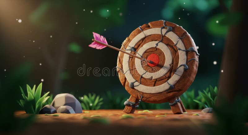 3D Render of Arrow Hitting Target in Dark Forest Stock Illustration ...