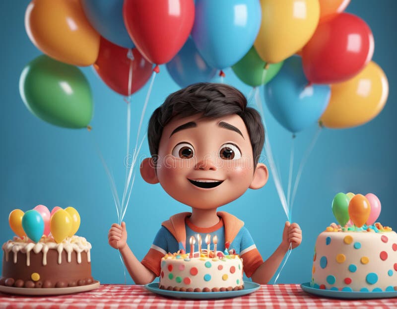 3D Render of an Asian Boy with Cake and Balloons at a Birthday Party ...