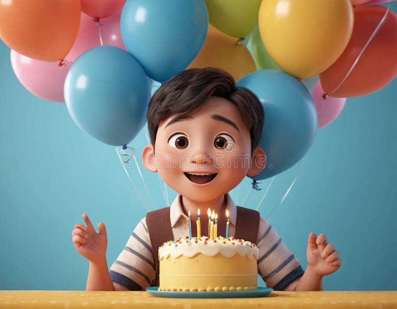 3D Render of an Asian Boy with Cake and Balloons at a Birthday Party ...
