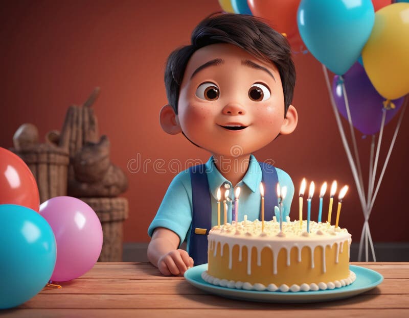 3D Render of an Asian Boy with Cake and Balloons at a Birthday Party ...