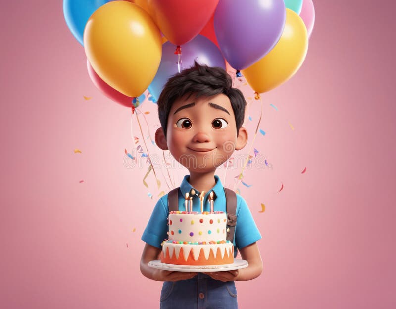 3D Render of an Asian Boy with Cake and Balloons at a Birthday Party ...