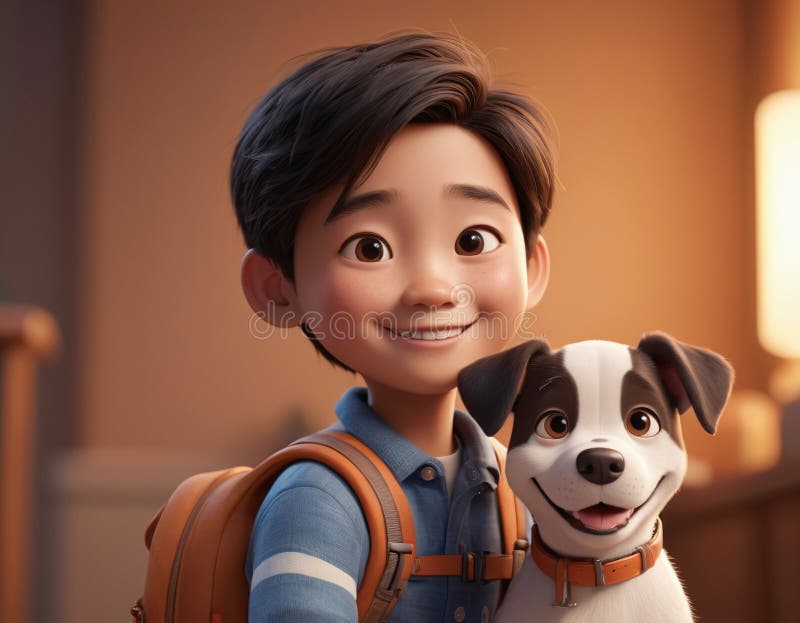 3D Render of an Asian Boy with His Dog Stock Illustration ...