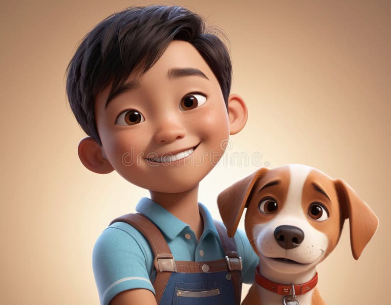 3D Render of an Asian Boy with His Dog Stock Illustration ...