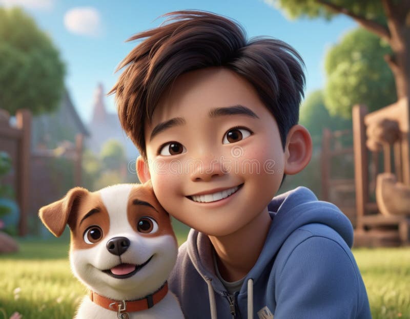 3D Render of an Asian Boy on a Walk with His Dog Stock Illustration ...