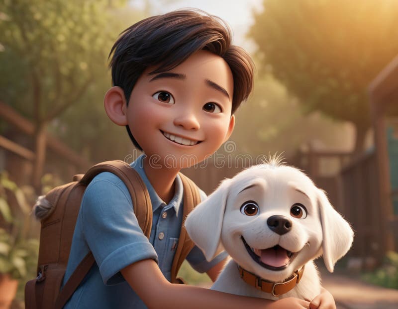 3D Render of an Asian Boy on a Walk with His Dog Stock Illustration ...