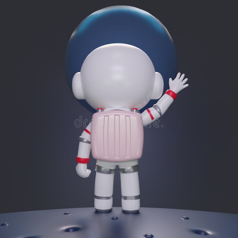 3D Render an Astronaut Stands Waving on the Moon Looking at the Earth ...