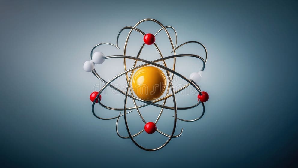 3D Render of Atom Model with Silver Orbits, Red and White Electrons ...
